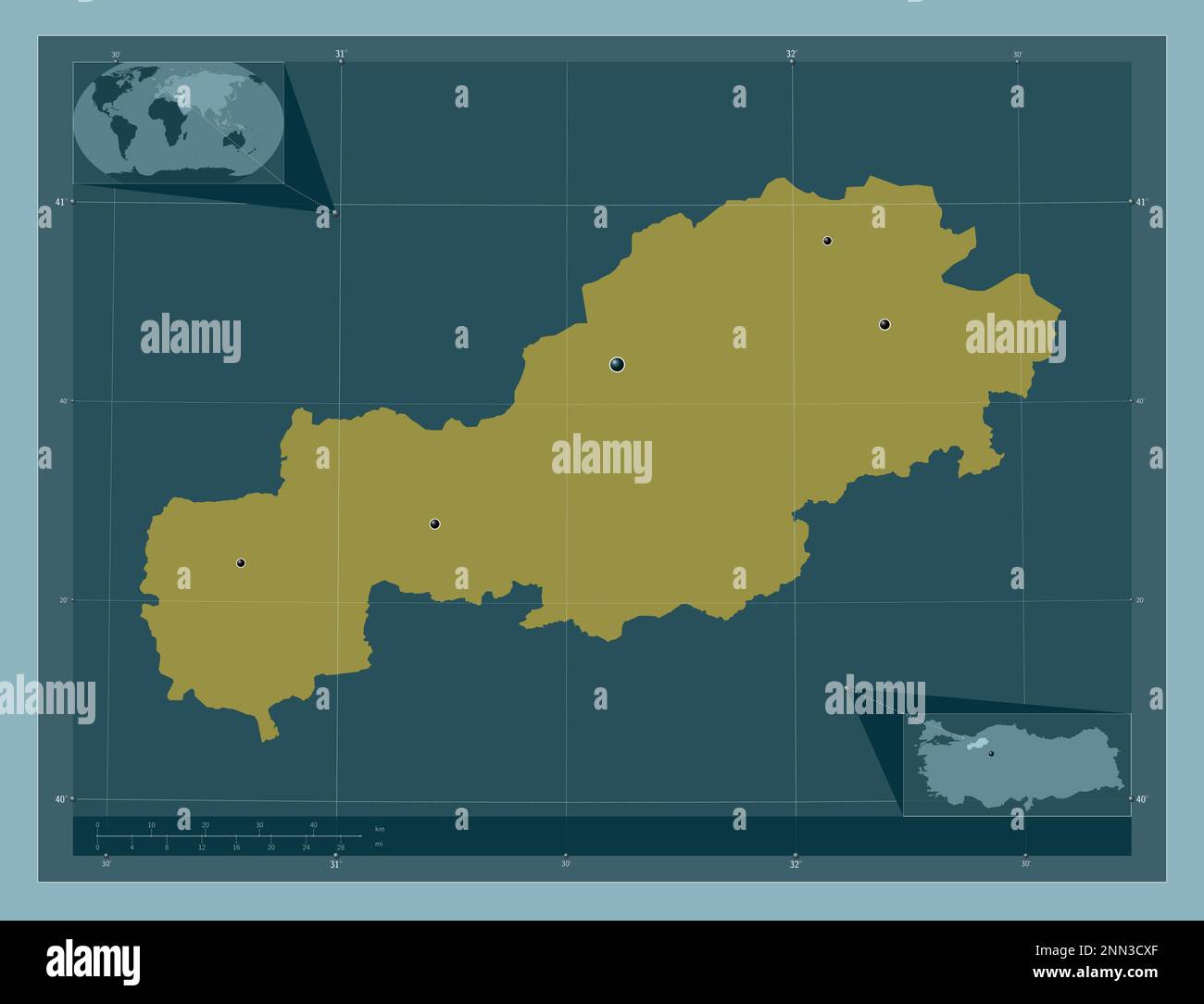 Bolu, province of Turkiye. Solid color shape. Locations of major cities ...
