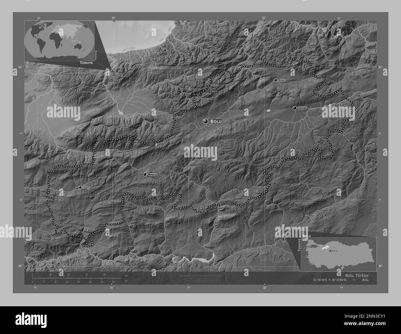 Bolu, province of Turkiye. Grayscale elevation map with lakes and ...