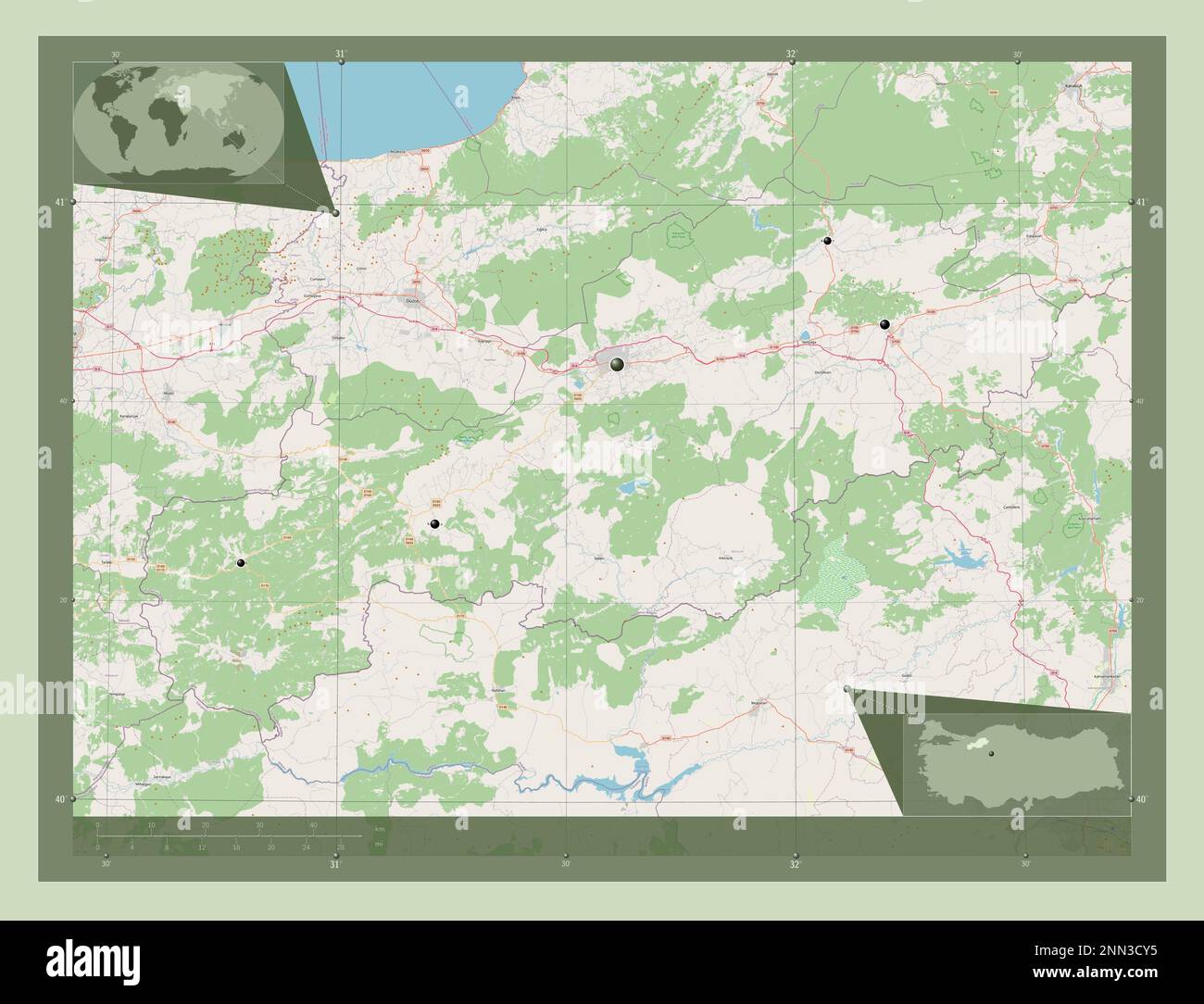 Bolu, province of Turkiye. Open Street Map. Locations of major cities ...