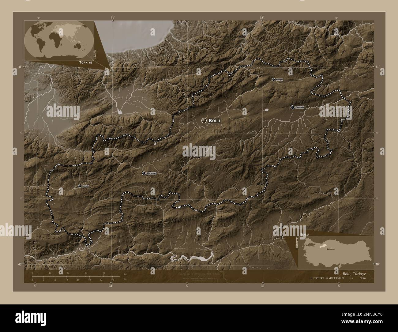 Bolu, province of Turkiye. Elevation map colored in sepia tones with ...