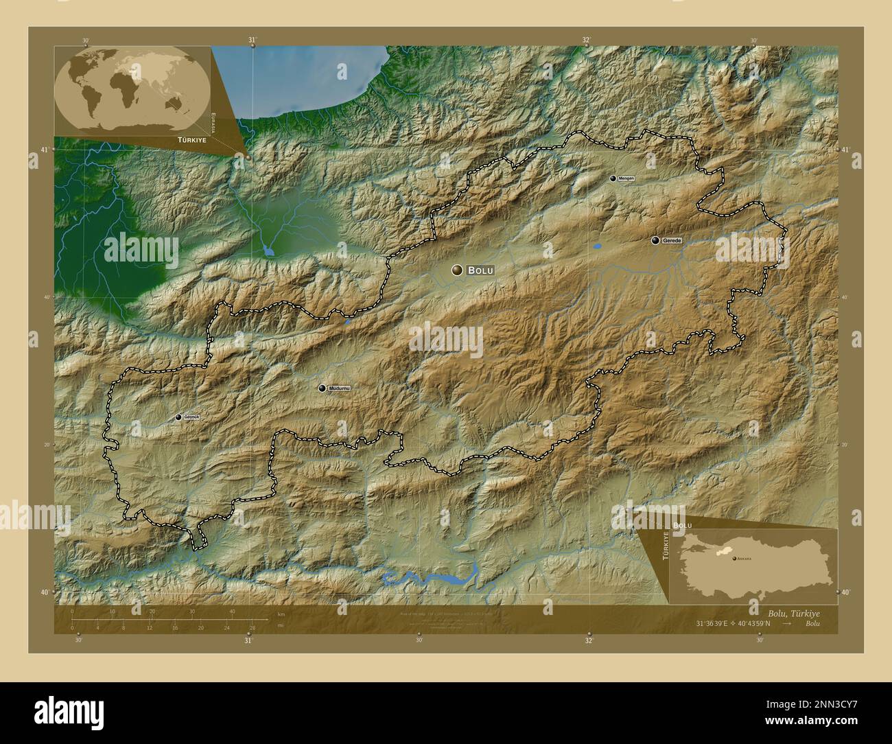 Bolu, province of Turkiye. Colored elevation map with lakes and rivers ...