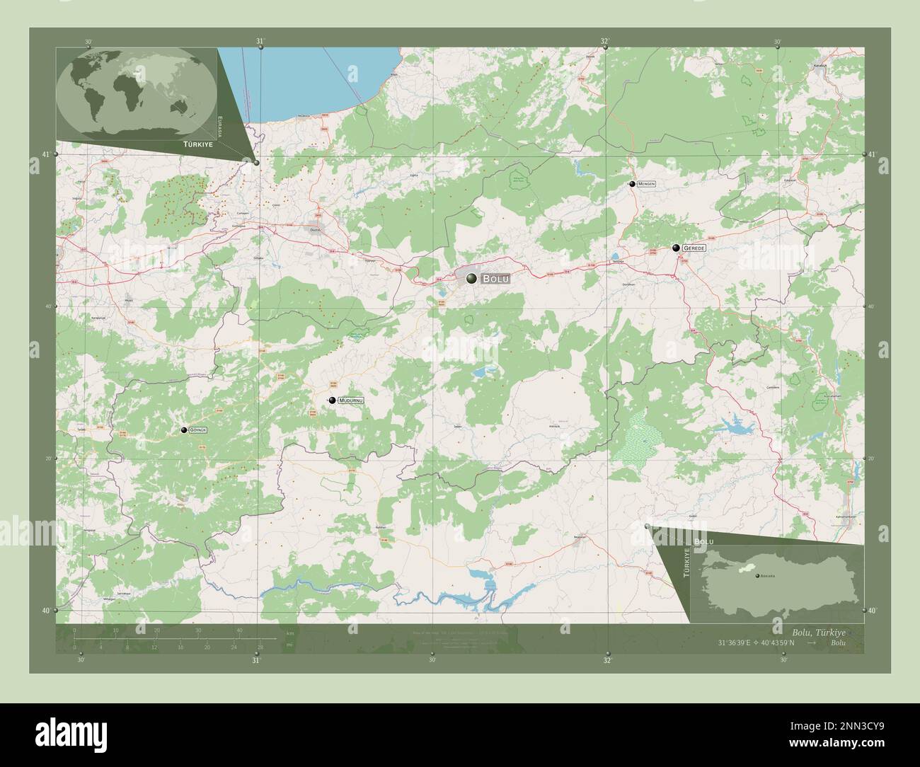 Bolu, province of Turkiye. Open Street Map. Locations and names of ...