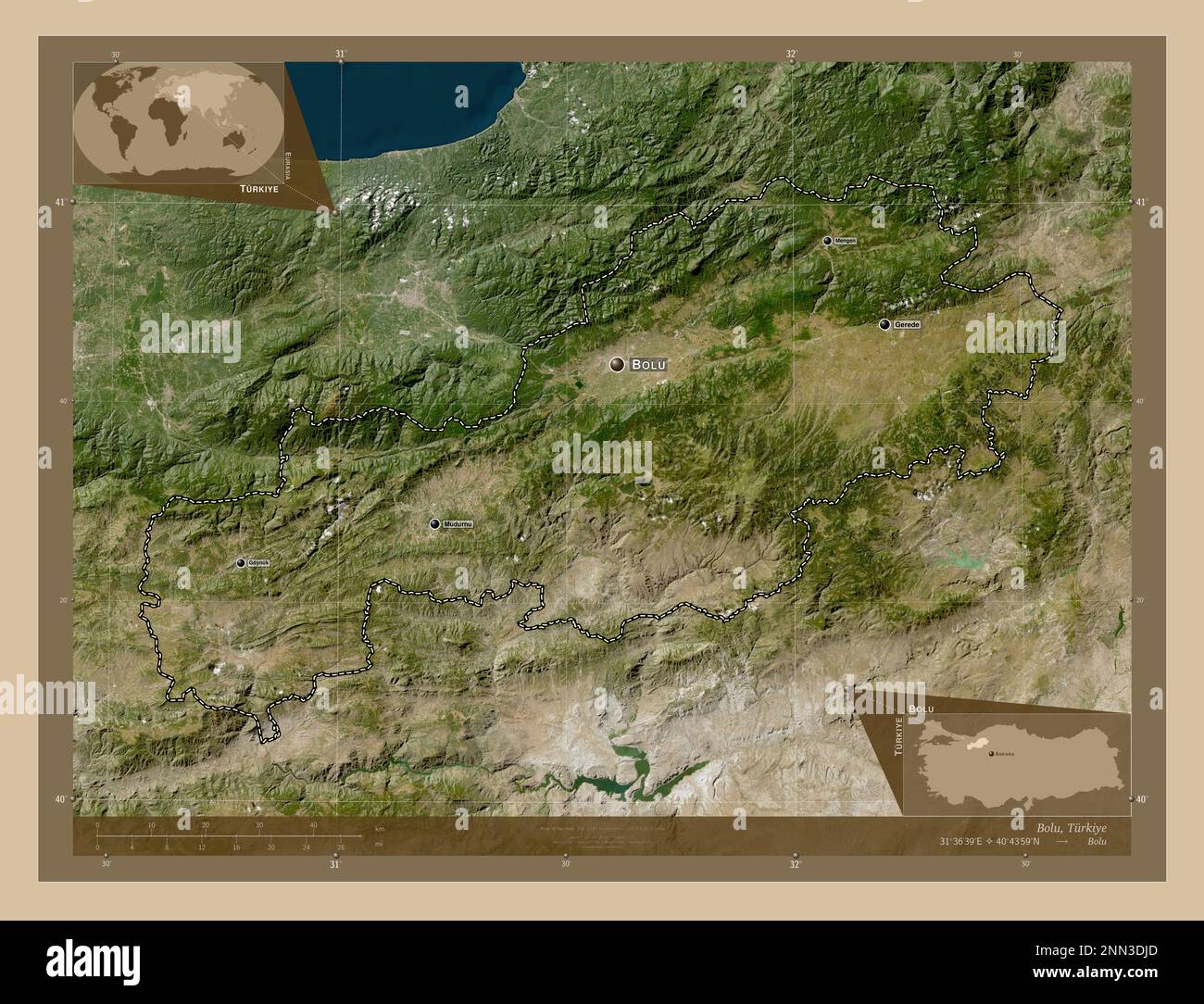 Bolu, province of Turkiye. Low resolution satellite map. Locations and ...