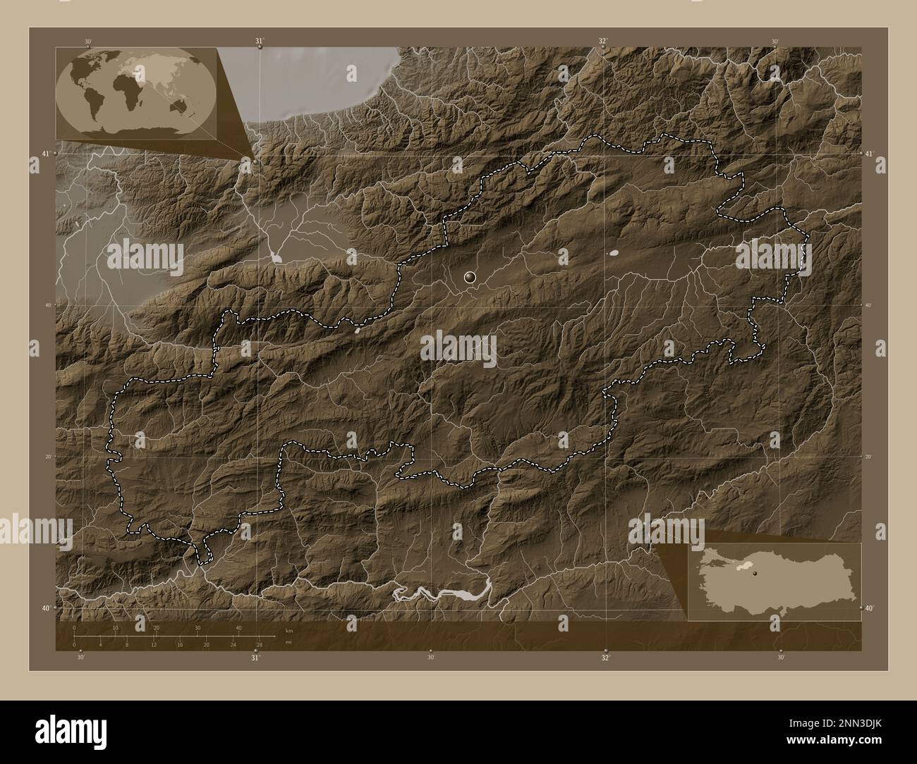 Bolu, province of Turkiye. Elevation map colored in sepia tones with ...
