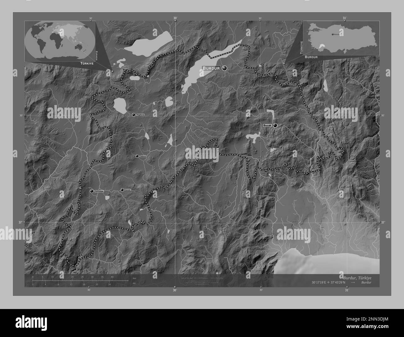 Burdur, province of Turkiye. Grayscale elevation map with lakes and ...