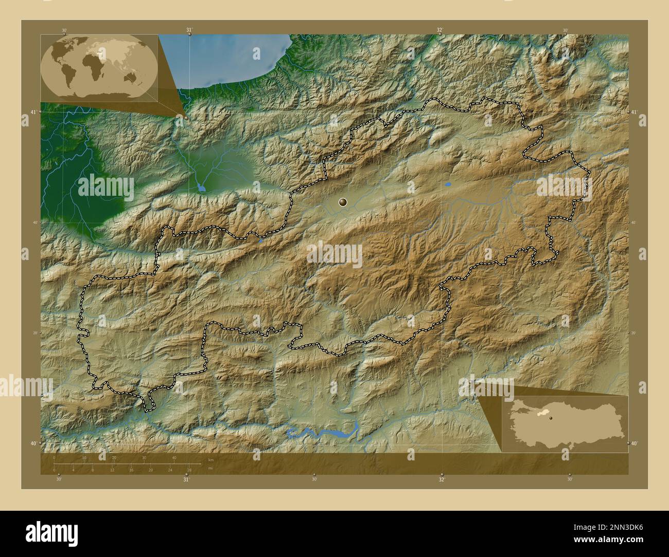 Bolu, province of Turkiye. Colored elevation map with lakes and rivers ...