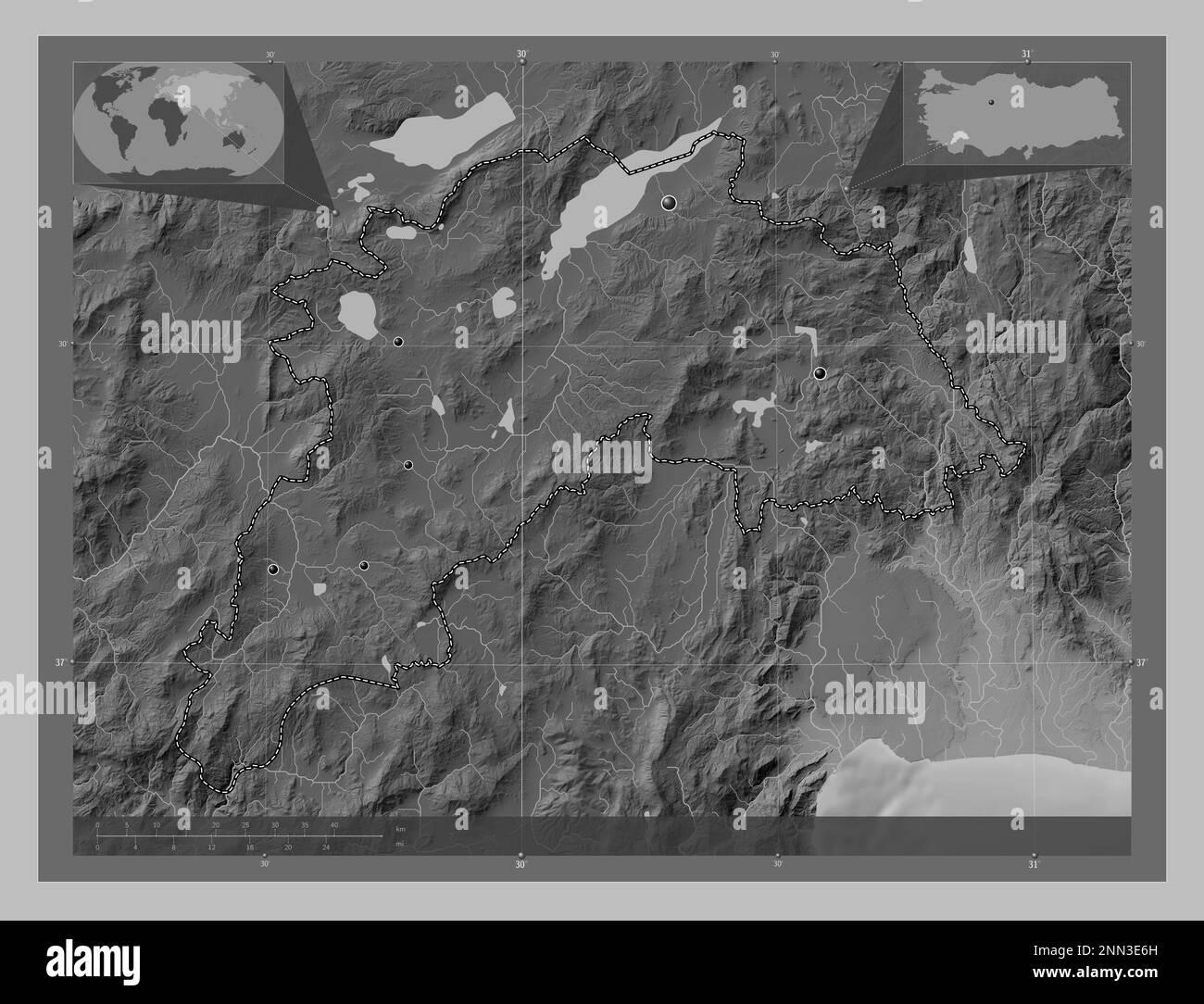 Burdur, province of Turkiye. Grayscale elevation map with lakes and ...