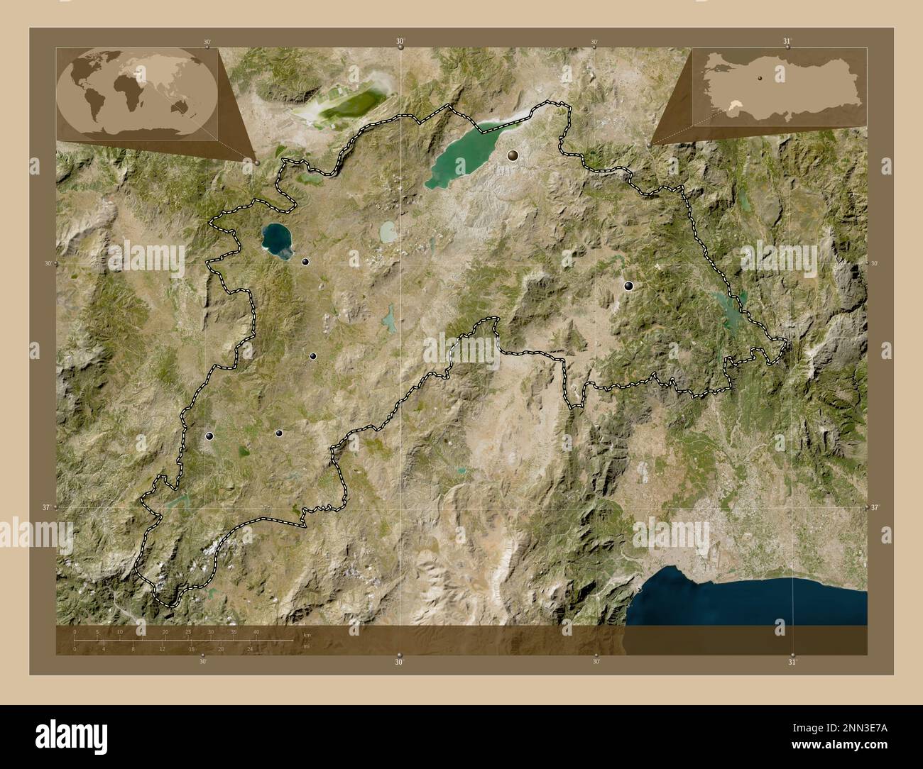 Burdur, province of Turkiye. Low resolution satellite map. Locations of ...