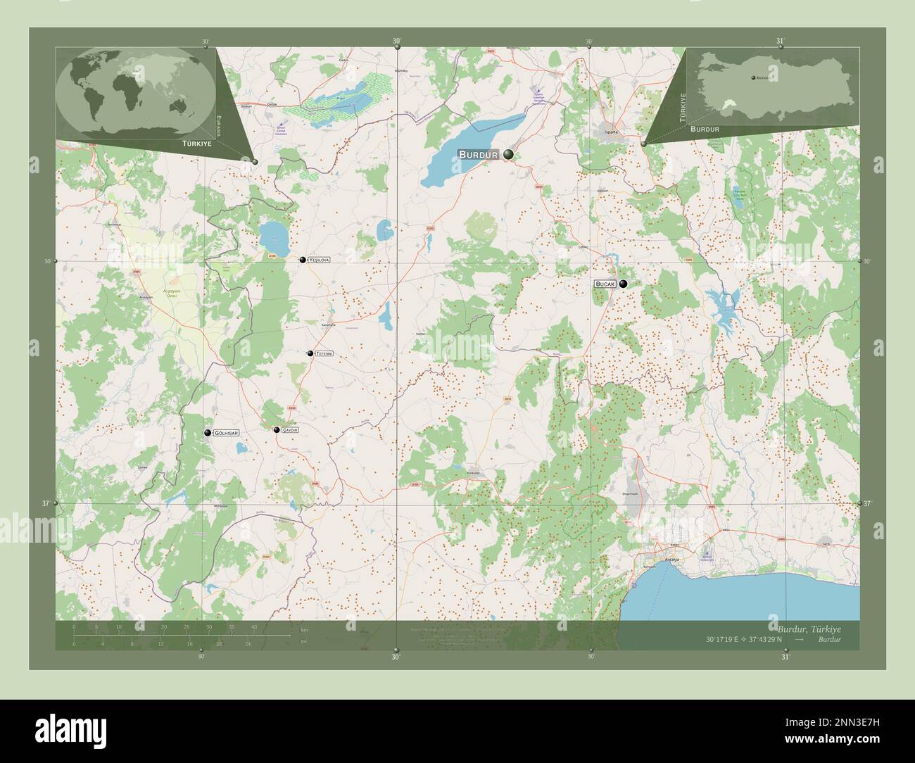 Burdur, province of Turkiye. Open Street Map. Locations and names of ...