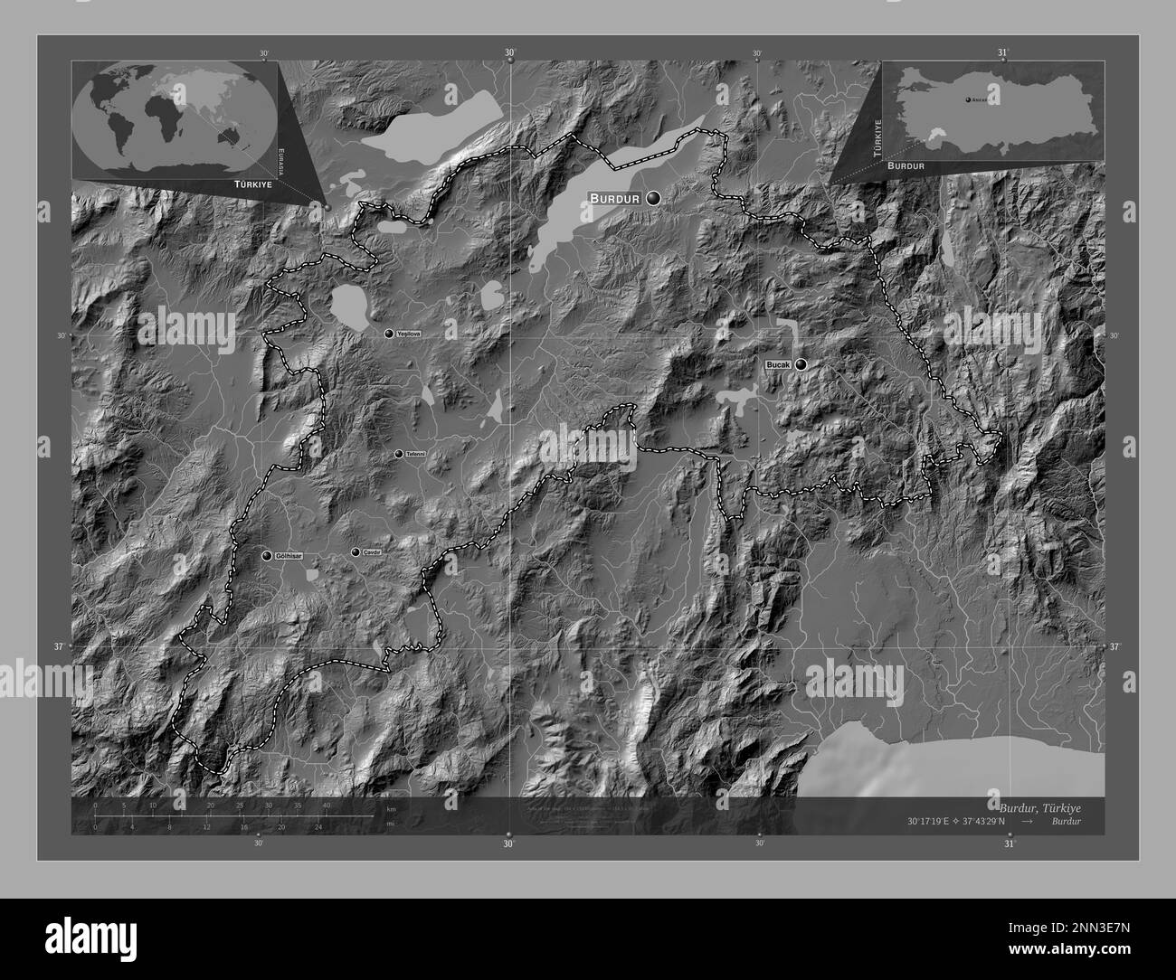Burdur, province of Turkiye. Bilevel elevation map with lakes and ...