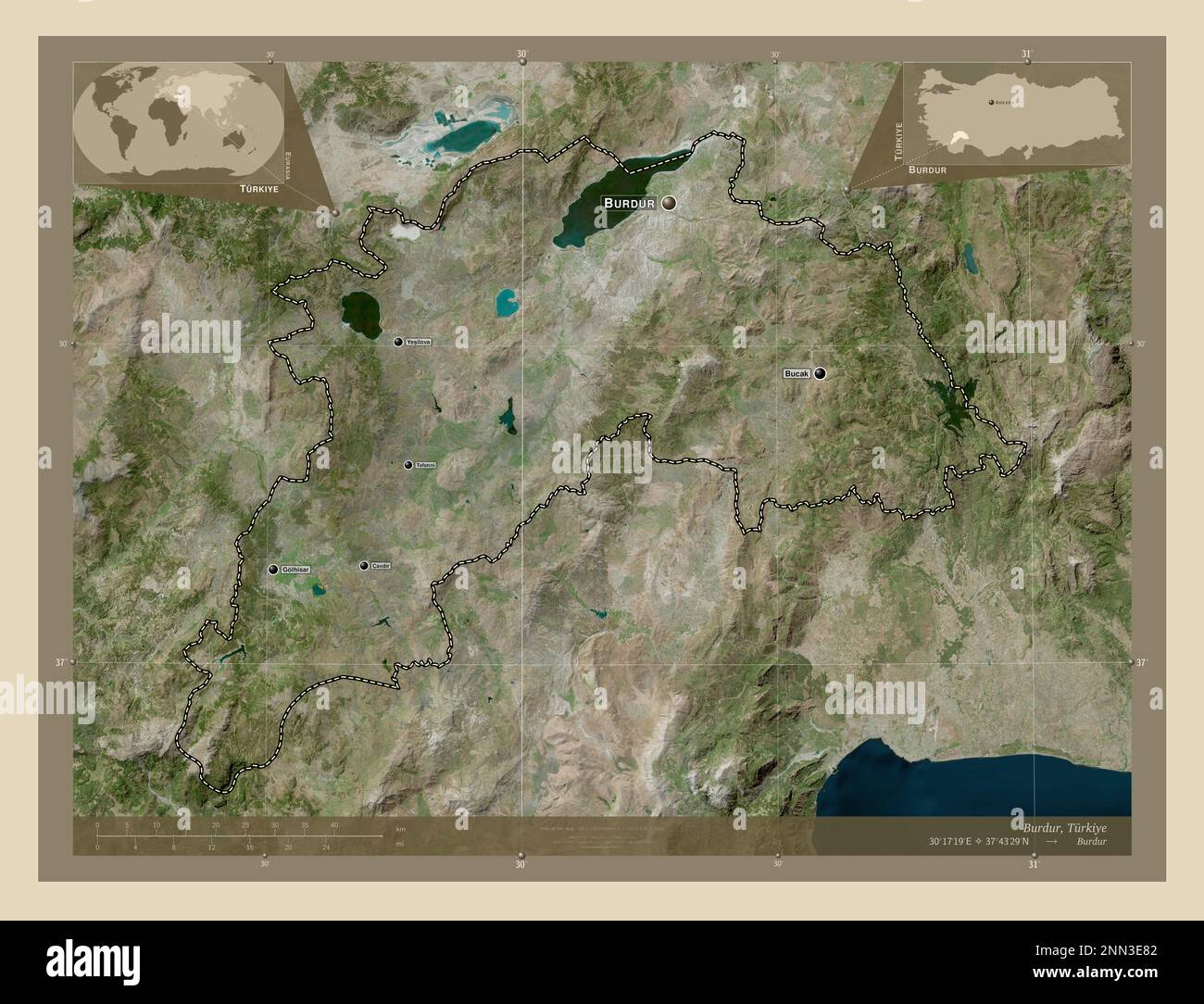 Burdur, province of Turkiye. High resolution satellite map. Locations ...