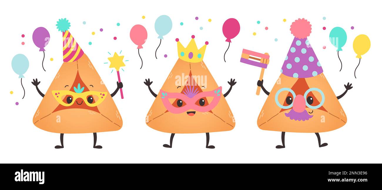 Purim holiday banner design with hamantaschen cookies funny cartoon ...