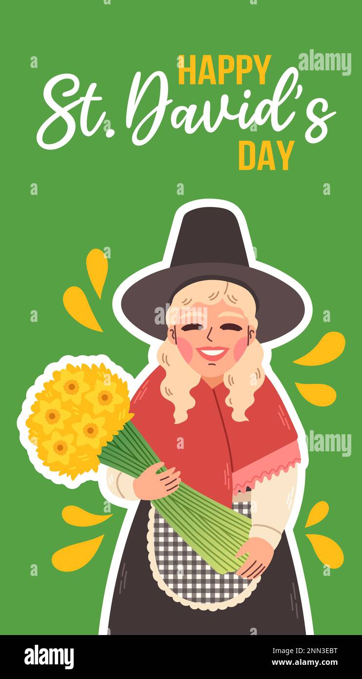 Happy Saint Davids day. Girl in traditional welsh costume celebrate St ...