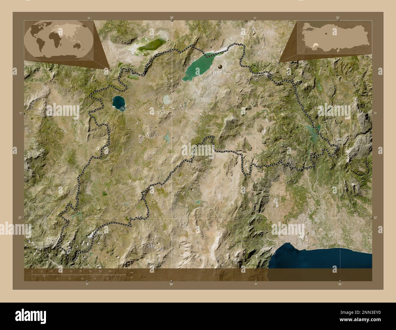 Burdur, province of Turkiye. Low resolution satellite map. Corner ...