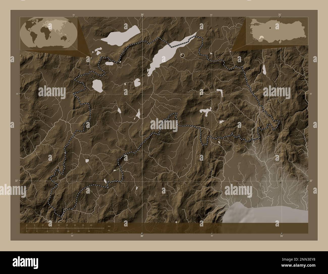 Burdur, province of Turkiye. Elevation map colored in sepia tones with ...