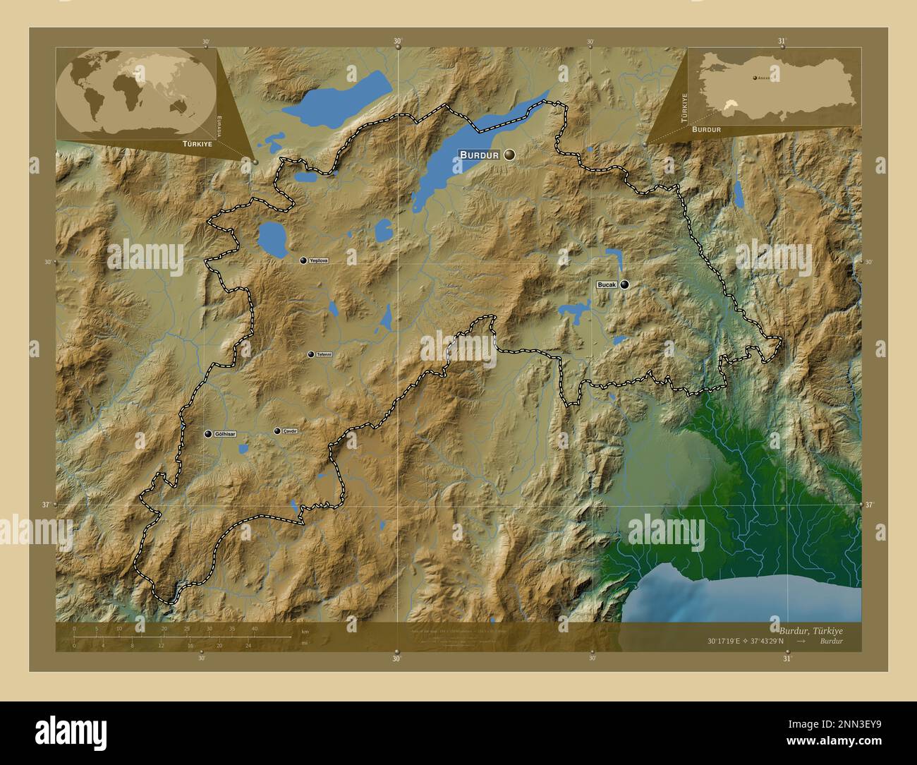 Burdur, province of Turkiye. Colored elevation map with lakes and ...