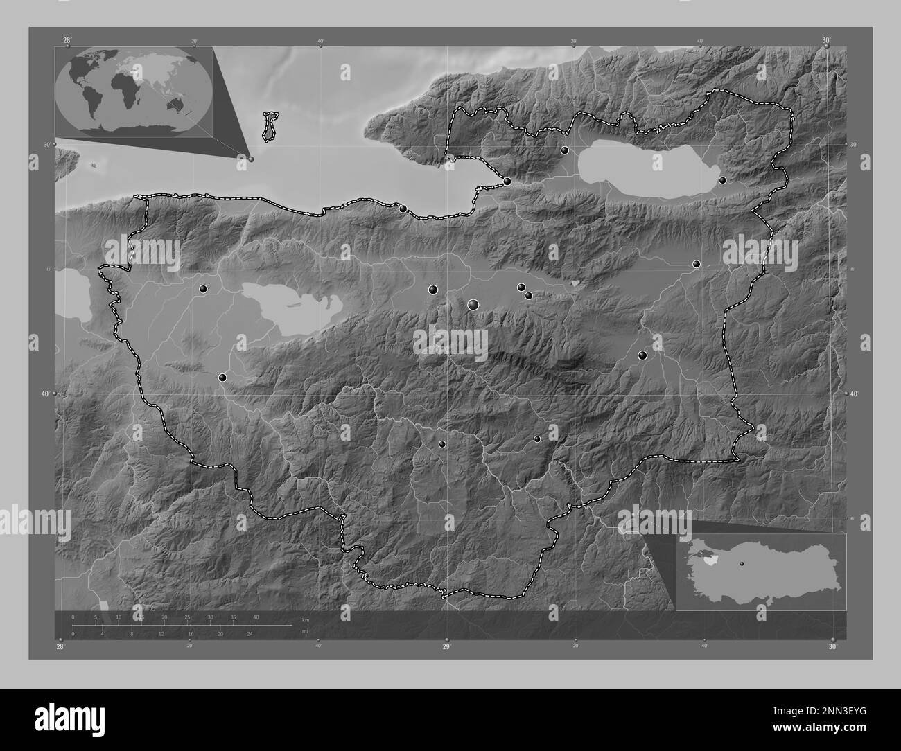 Bursa, province of Turkiye. Grayscale elevation map with lakes and ...