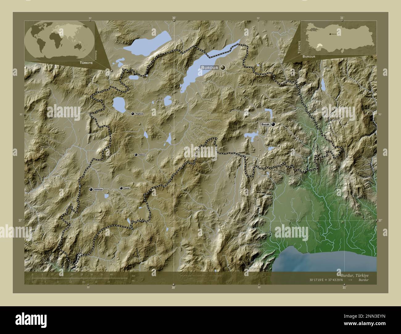 Burdur, province of Turkiye. Elevation map colored in wiki style with ...