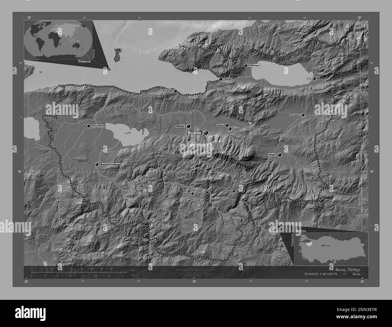 Bursa, province of Turkiye. Bilevel elevation map with lakes and rivers ...