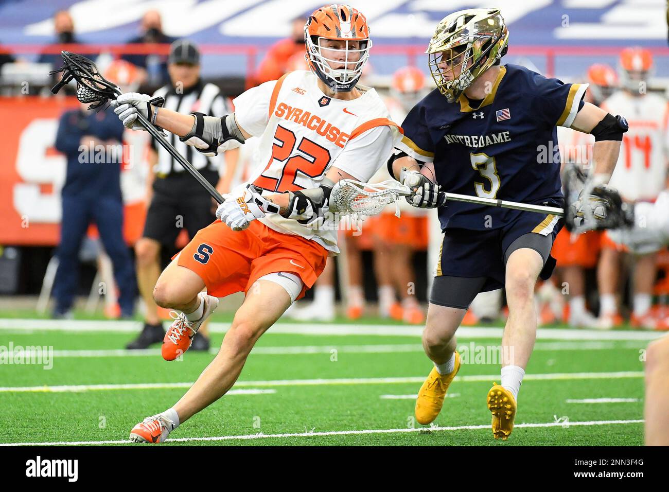 April 03, 2021: Syracuse Orange attackman Chase Scanlan (22) dodges to ...