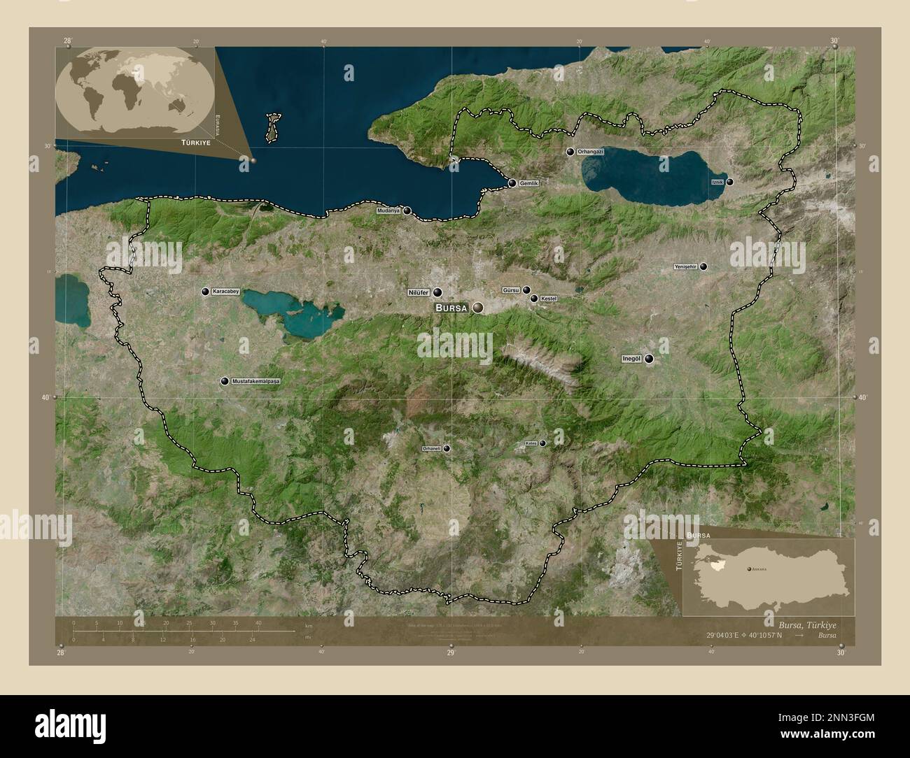 Bursa, province of Turkiye. High resolution satellite map. Locations ...