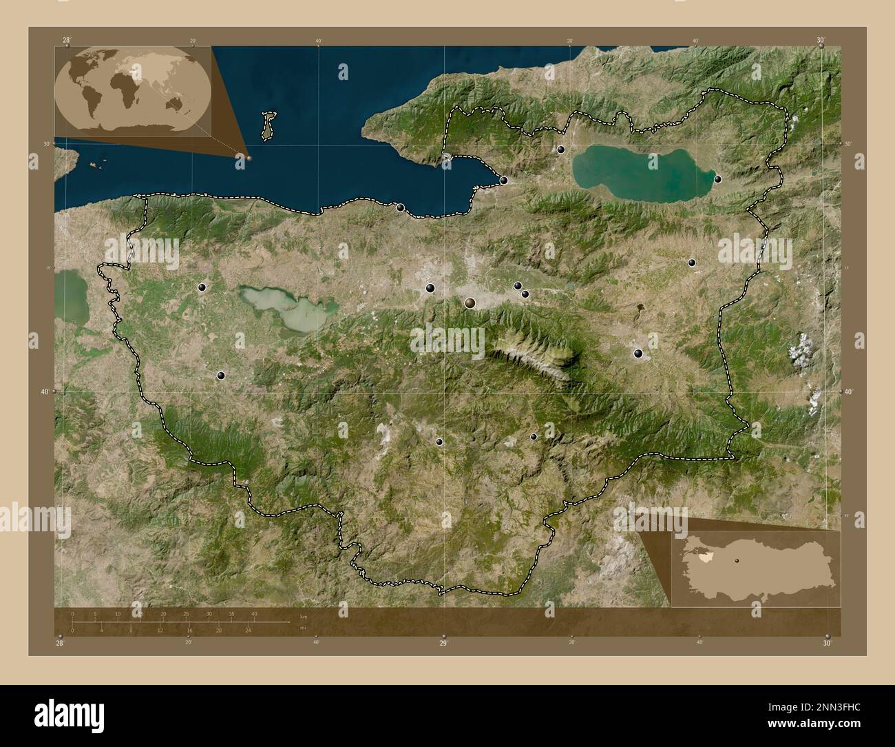 Bursa, province of Turkiye. Low resolution satellite map. Locations of ...