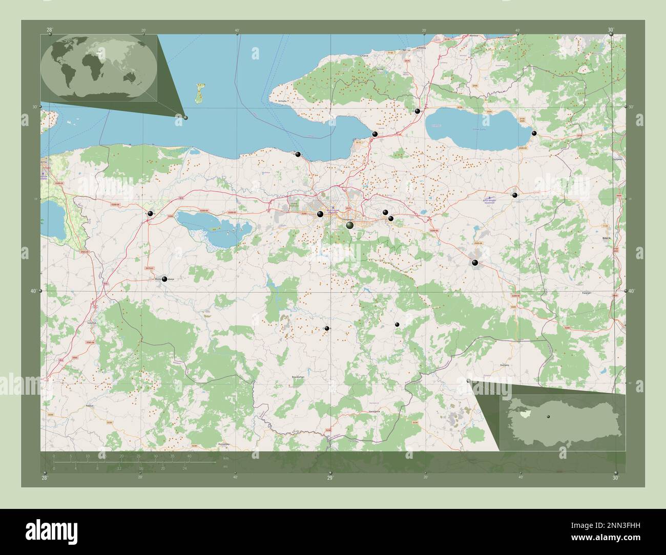 Bursa, province of Turkiye. Open Street Map. Locations of major cities ...