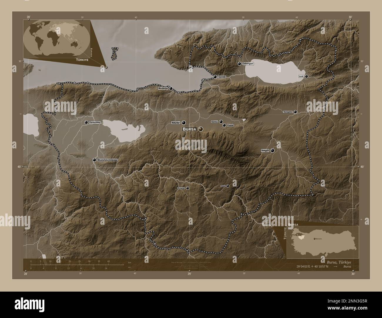 Bursa, province of Turkiye. Elevation map colored in sepia tones with ...
