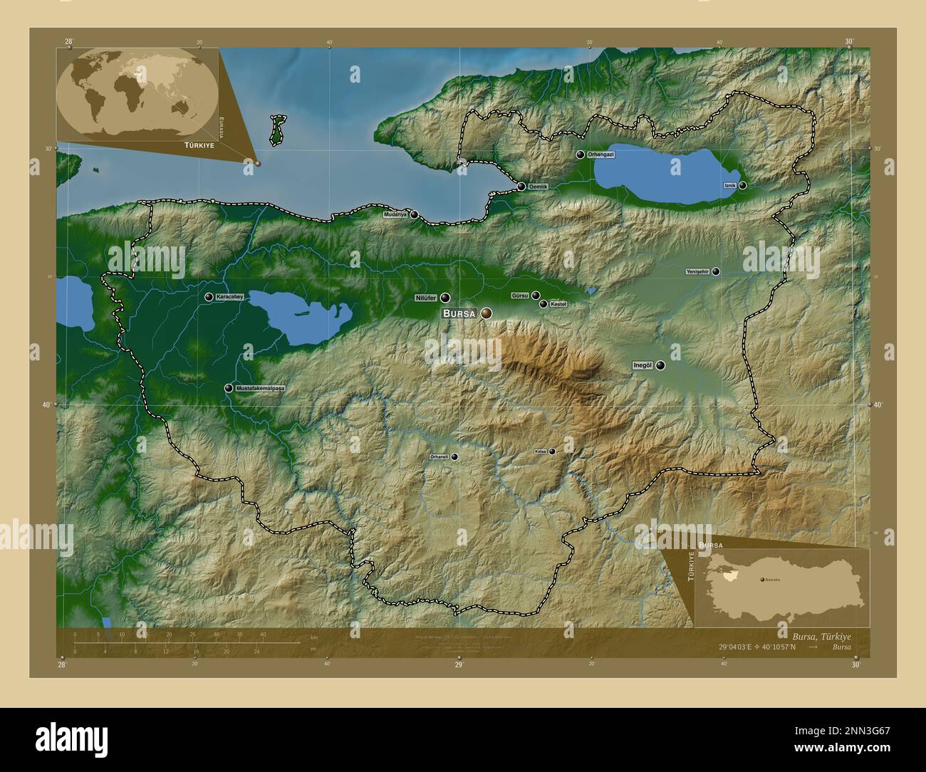 Bursa, province of Turkiye. Colored elevation map with lakes and rivers ...