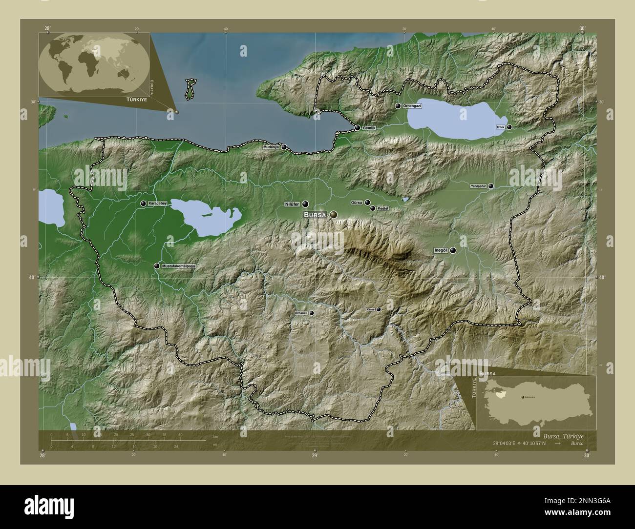 Bursa, province of Turkiye. Elevation map colored in wiki style with ...