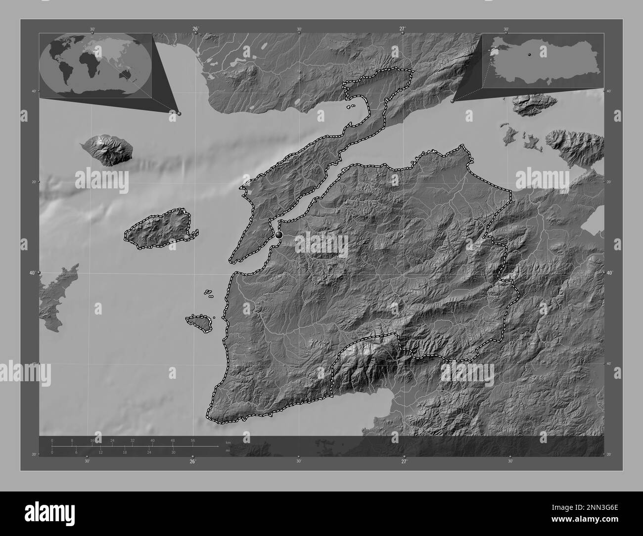 Canakkale, province of Turkiye. Bilevel elevation map with lakes and ...
