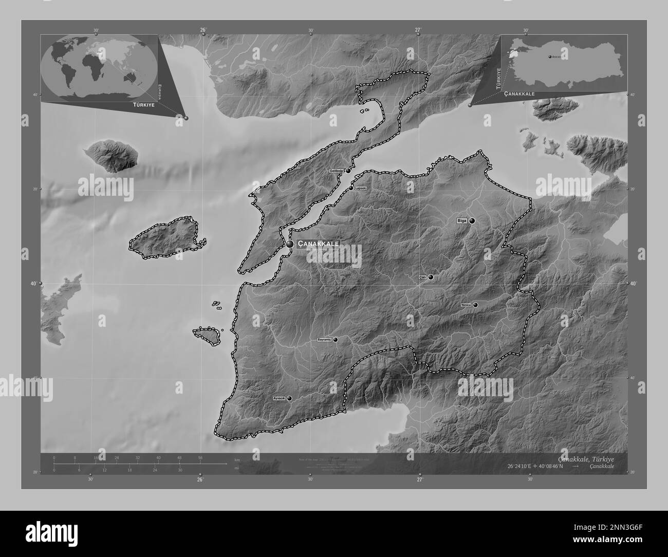 Canakkale, province of Turkiye. Grayscale elevation map with lakes and ...