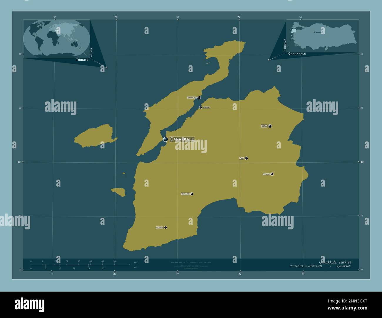 Canakkale, province of Turkiye. Solid color shape. Locations and names ...