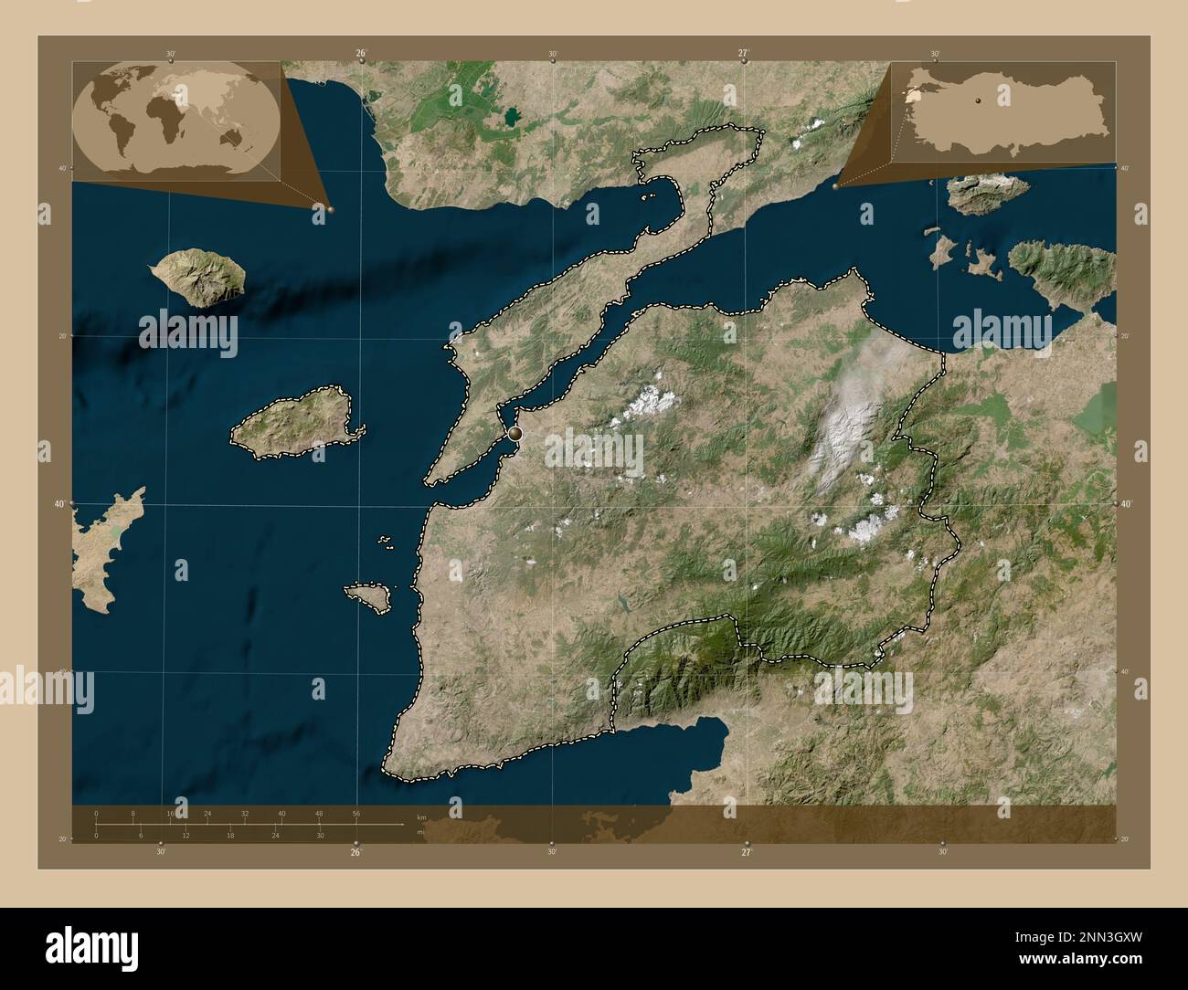 Canakkale, province of Turkiye. Low resolution satellite map. Corner ...