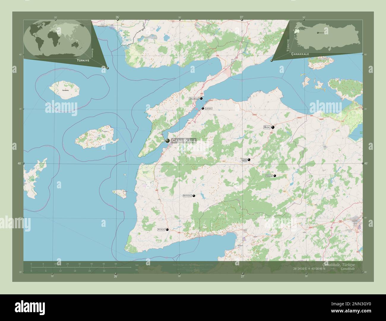 Canakkale, province of Turkiye. Open Street Map. Locations and names of ...