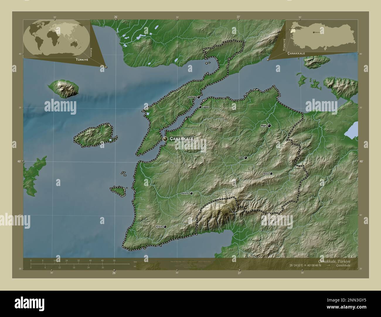 Canakkale, province of Turkiye. Elevation map colored in wiki style ...