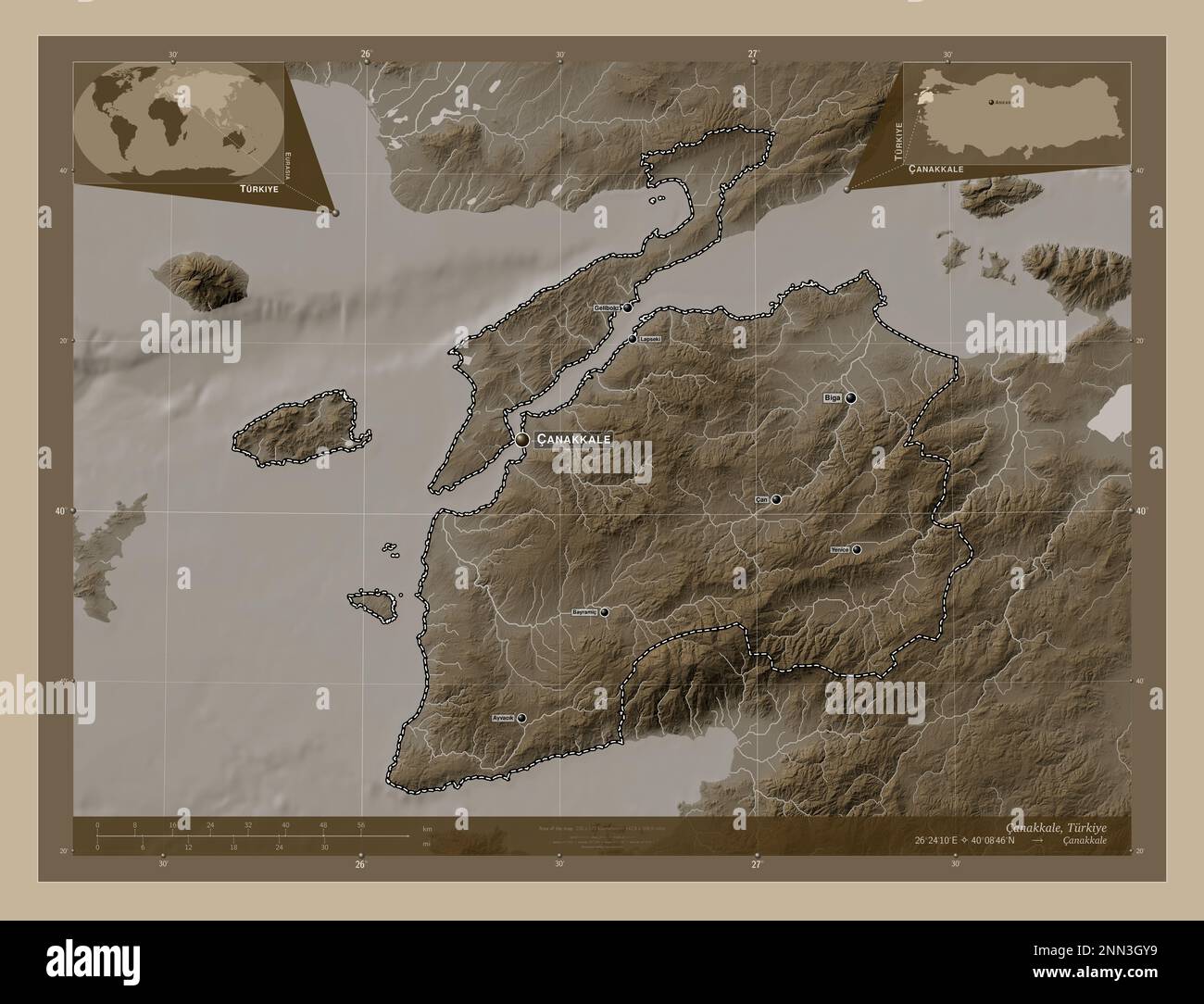 Canakkale, province of Turkiye. Elevation map colored in sepia tones ...
