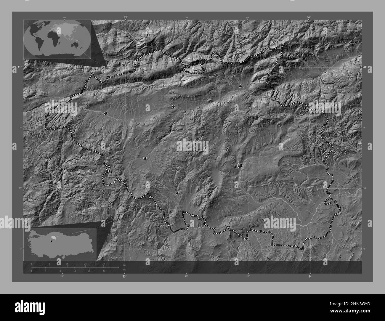 Cankiri, province of Turkiye. Bilevel elevation map with lakes and ...