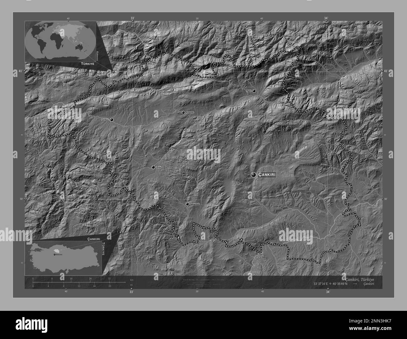 Cankiri, province of Turkiye. Bilevel elevation map with lakes and ...