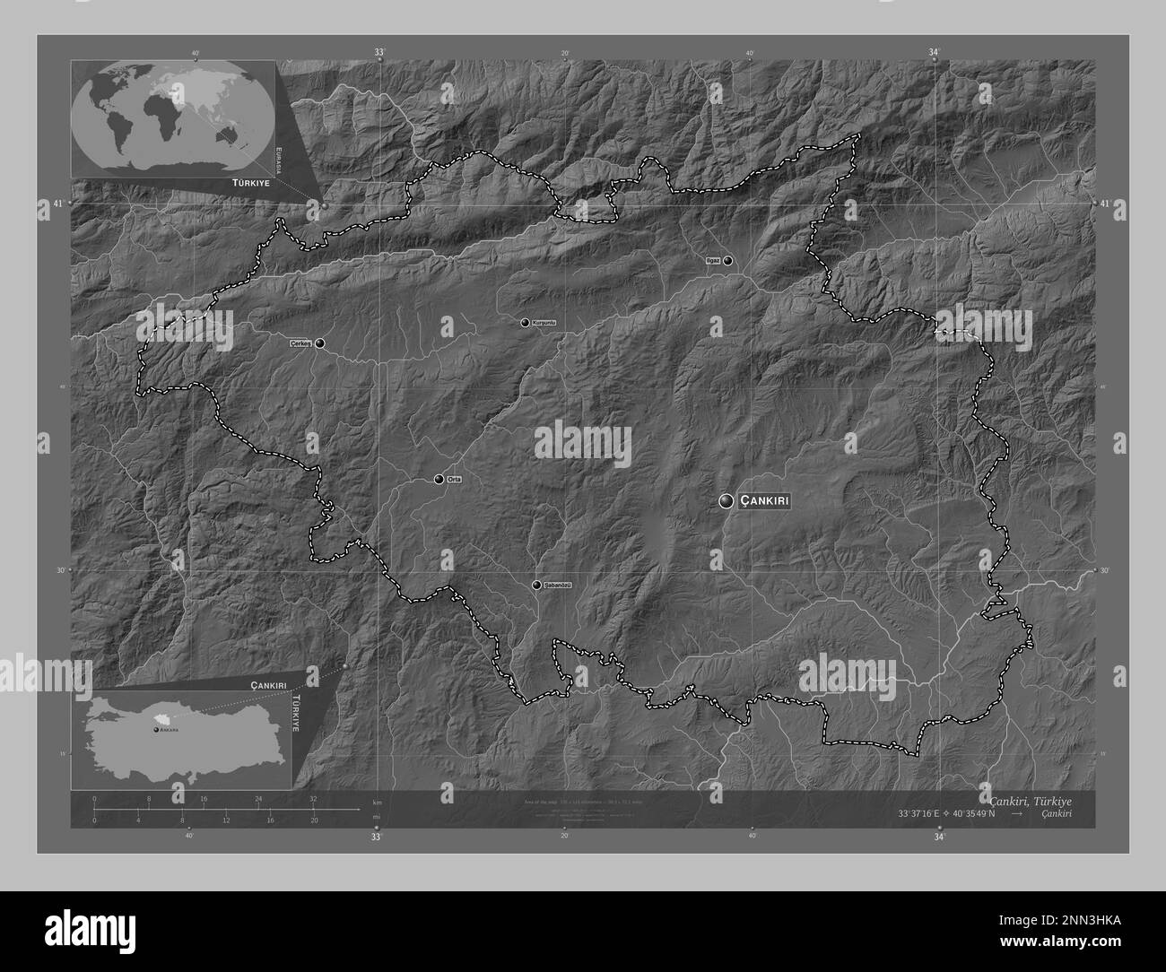 Cankiri, province of Turkiye. Grayscale elevation map with lakes and ...