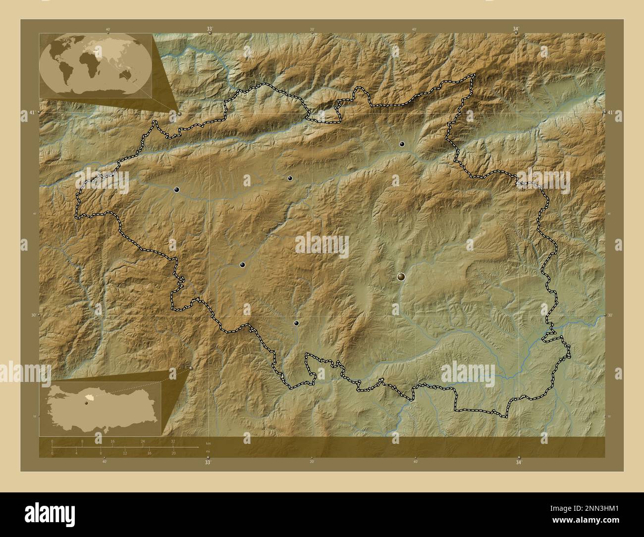 Cankiri, province of Turkiye. Colored elevation map with lakes and ...
