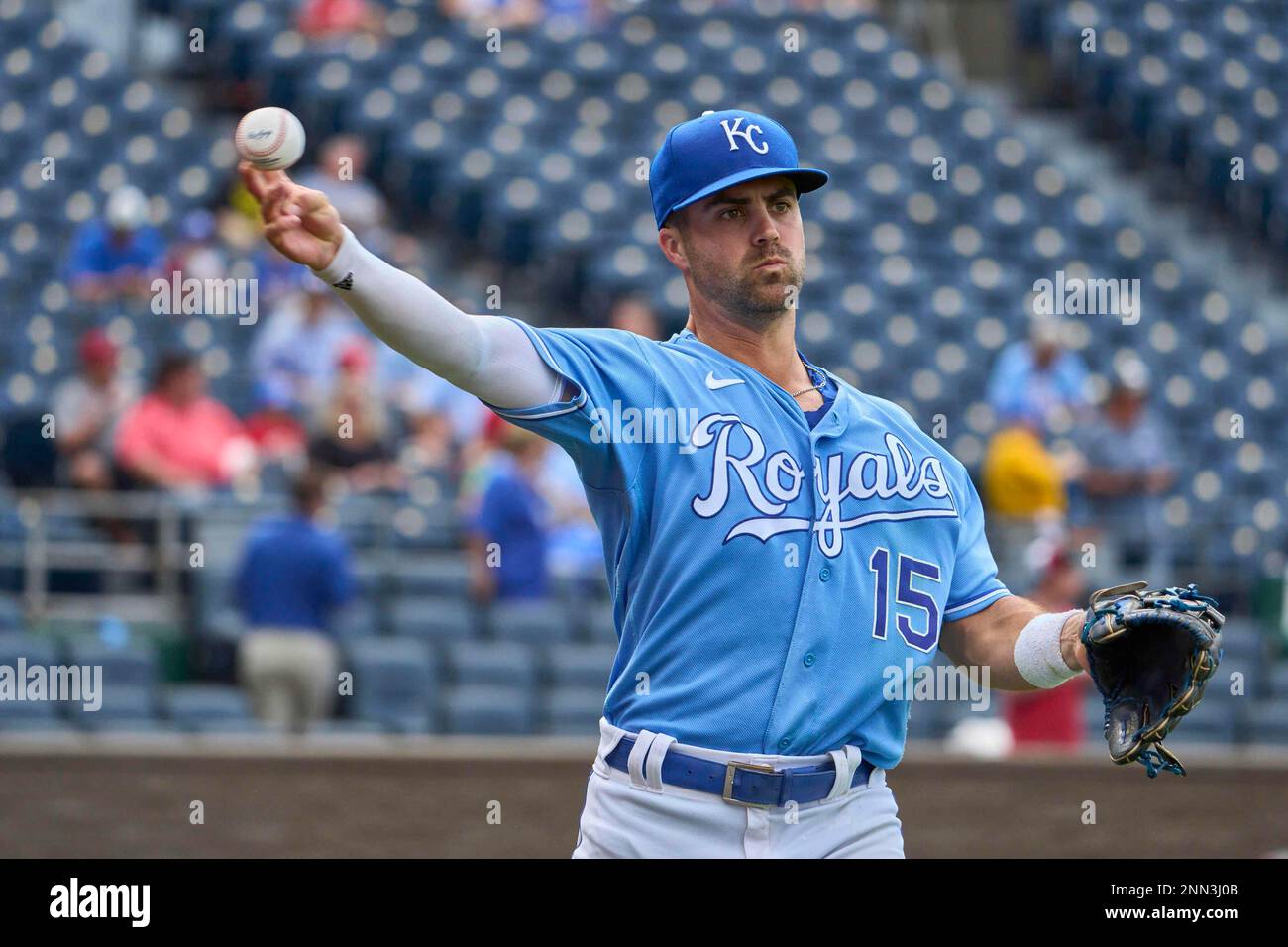 July 7 2021: Kansas City second baseman Whit Merrifield (15) throws the ...