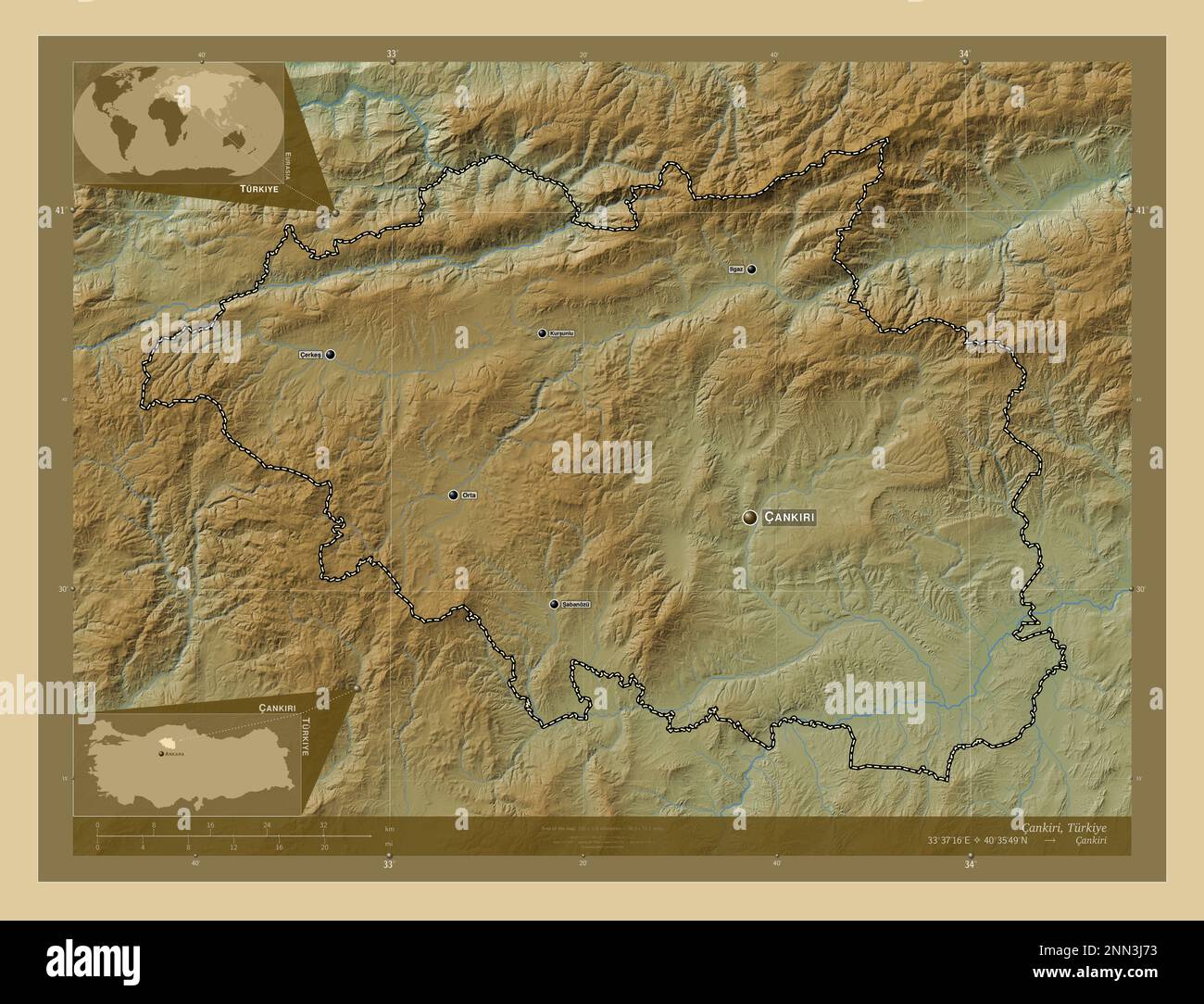 Cankiri, province of Turkiye. Colored elevation map with lakes and ...