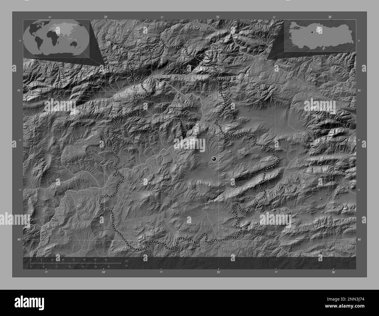 Corum, province of Turkiye. Bilevel elevation map with lakes and rivers ...