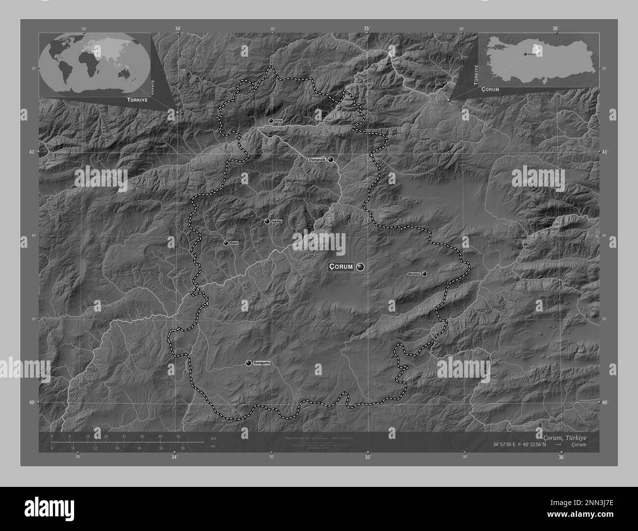 Corum, province of Turkiye. Grayscale elevation map with lakes and ...