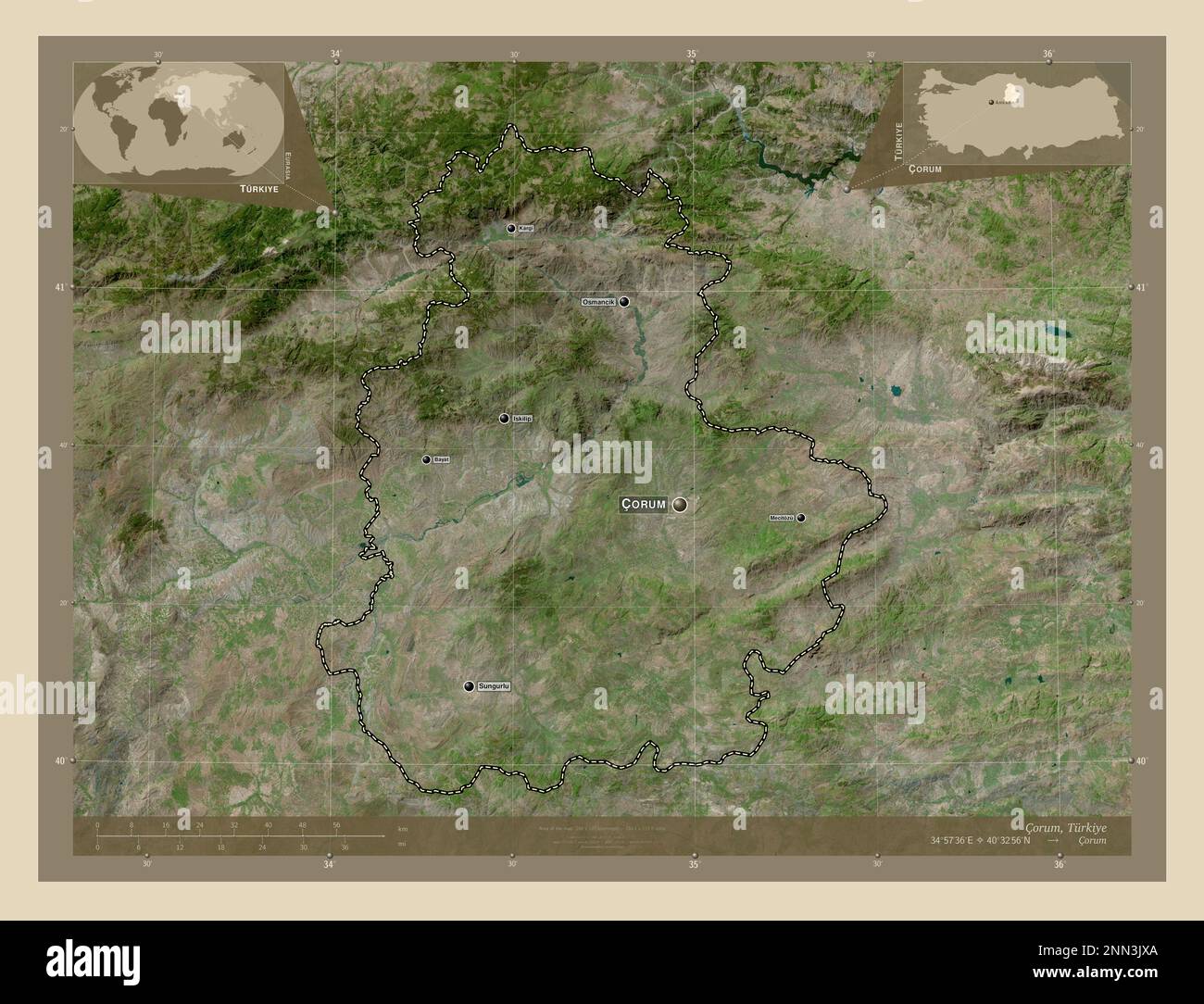 Corum, province of Turkiye. High resolution satellite map. Locations ...