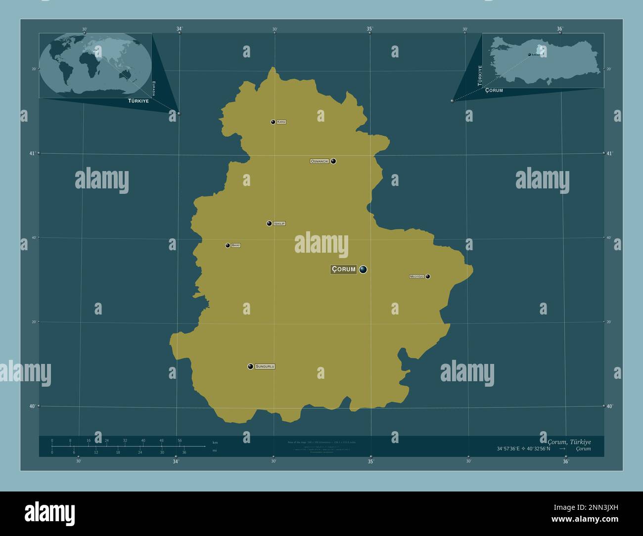Corum, province of Turkiye. Solid color shape. Locations and names of ...