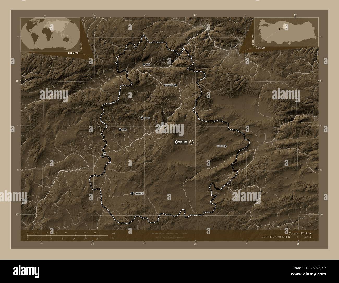 Corum, province of Turkiye. Elevation map colored in sepia tones with ...