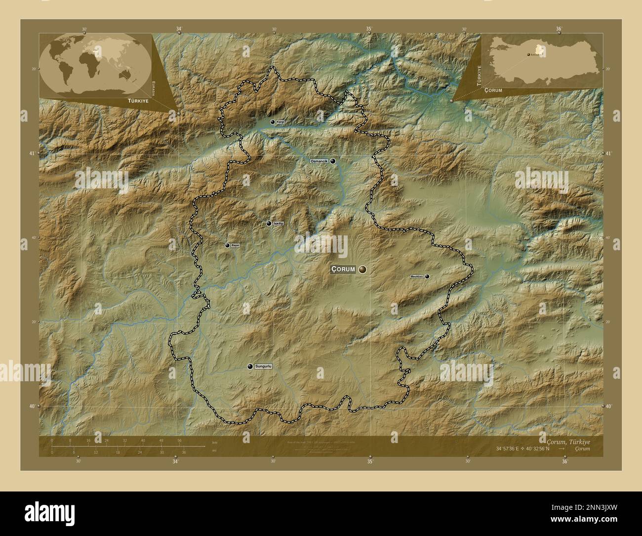 Corum, province of Turkiye. Colored elevation map with lakes and rivers ...