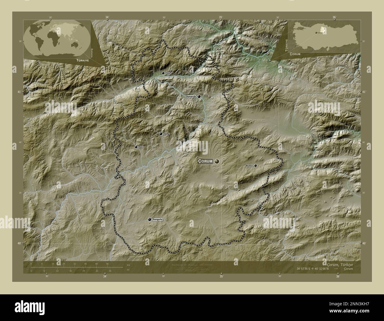 Corum, province of Turkiye. Elevation map colored in wiki style with ...